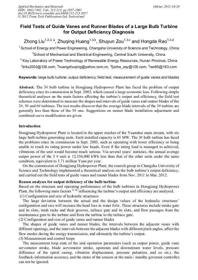Field Tests of Guide Vanes and Runner Blades of a Large Bulb Turbine ...