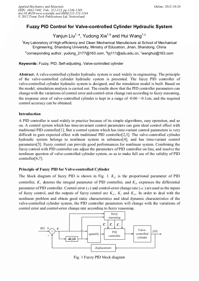 Fuzzy PID Control for Valve-Controlled Cylinder Hydraulic System ...