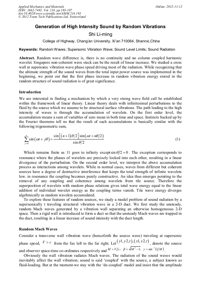 Generation of High Intensity Sound by Random Vibrations | Scientific.Net