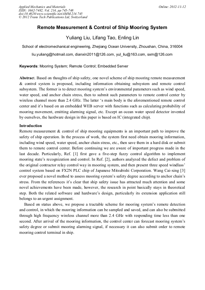 Remote Measurement & Control of Ship Mooring System | Scientific.Net