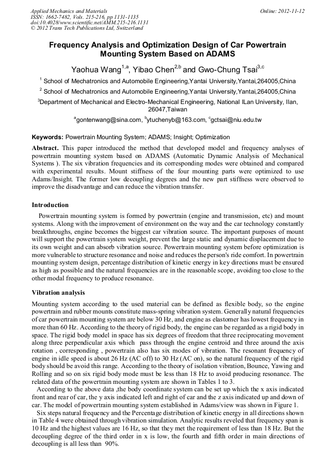Frequency Analysis and Optimization Design of Car Powertrain Mounting ...