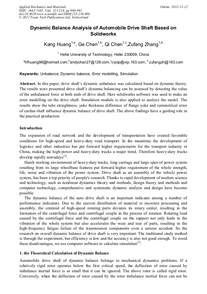 Dynamic Balance Analysis of Automobile Drive Shaft Based on Solidworks ...