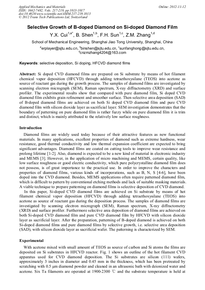 Selective Growth of B-Doped Diamond on Si-Doped Diamond Film ...
