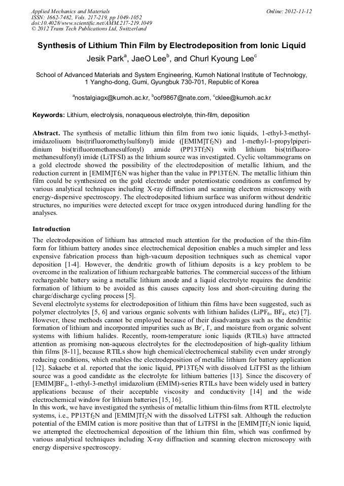 Synthesis of Lithium Thin Film by Electrodeposition from Ionic Liquid ...