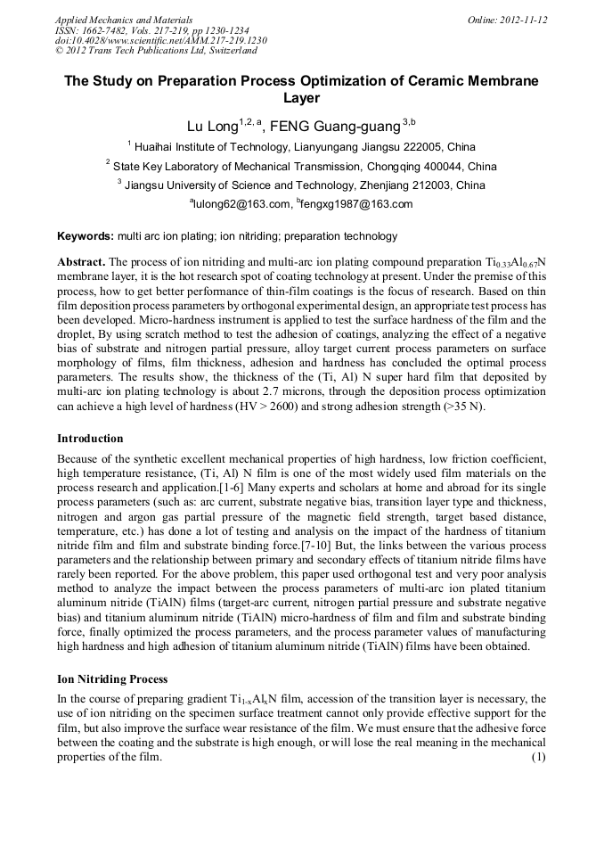 The Study on Preparation Process Optimization of Ceramic Membrane Layer ...