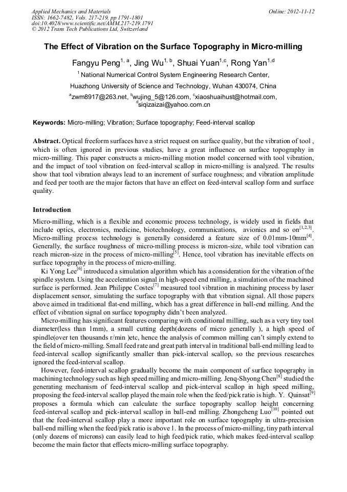The Effect of Vibration on the Surface Topography in Micro-Milling | Scientific.Net