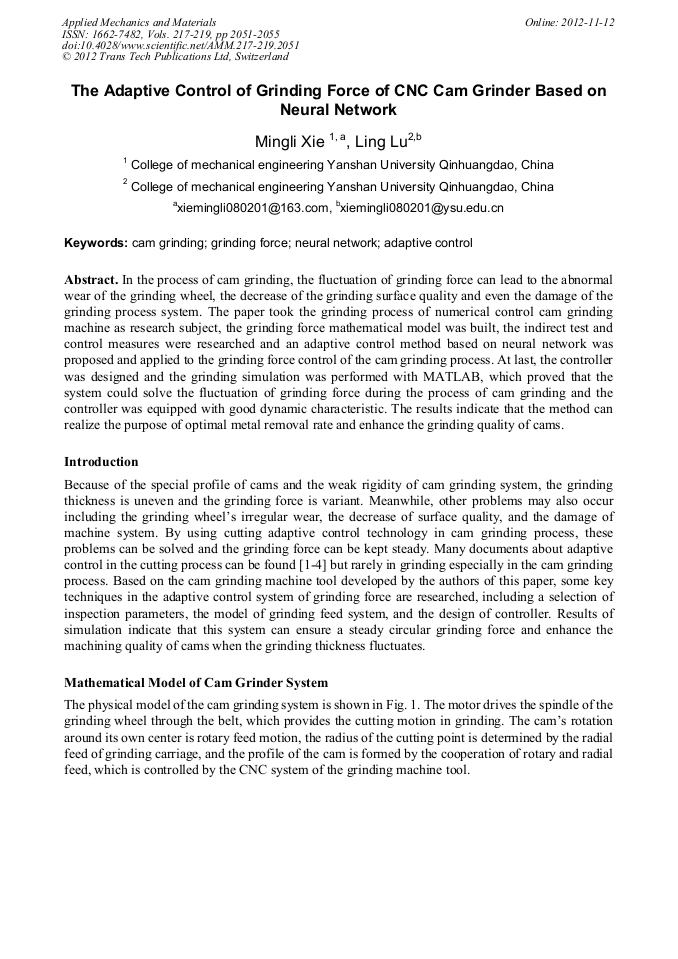 The Adaptive Control of Grinding Force of CNC Cam Grinder Based on ...