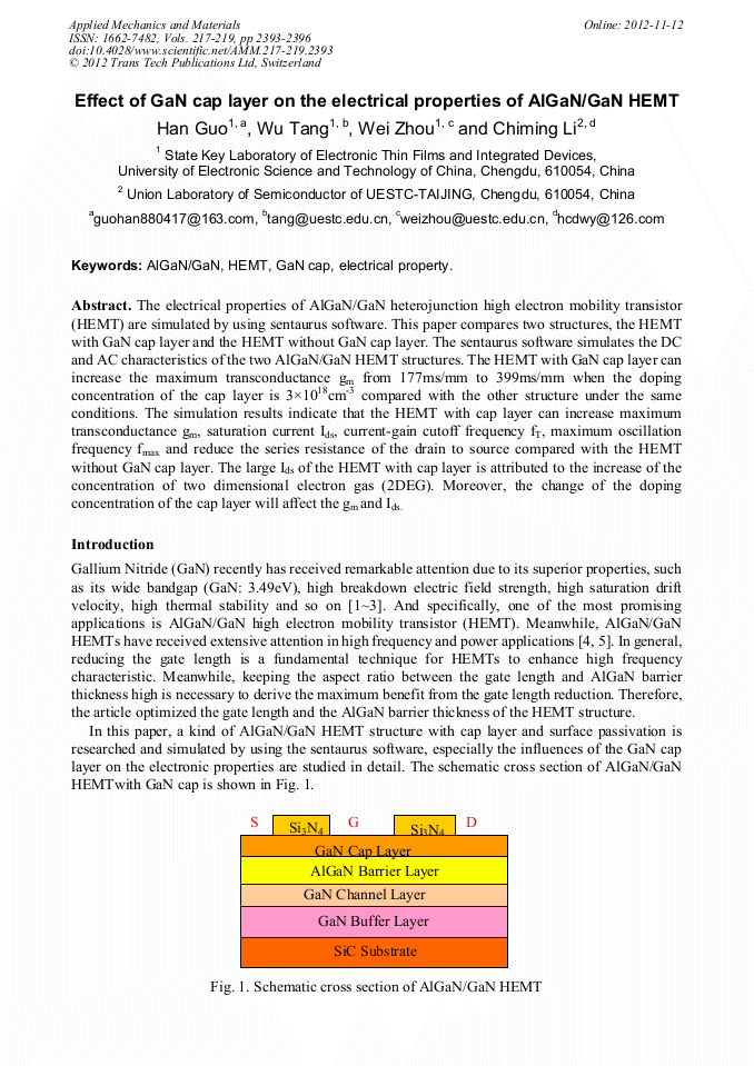 Effect of GaN Cap Layer on the Electrical Properties of AlGaN/GaN HEMT ...