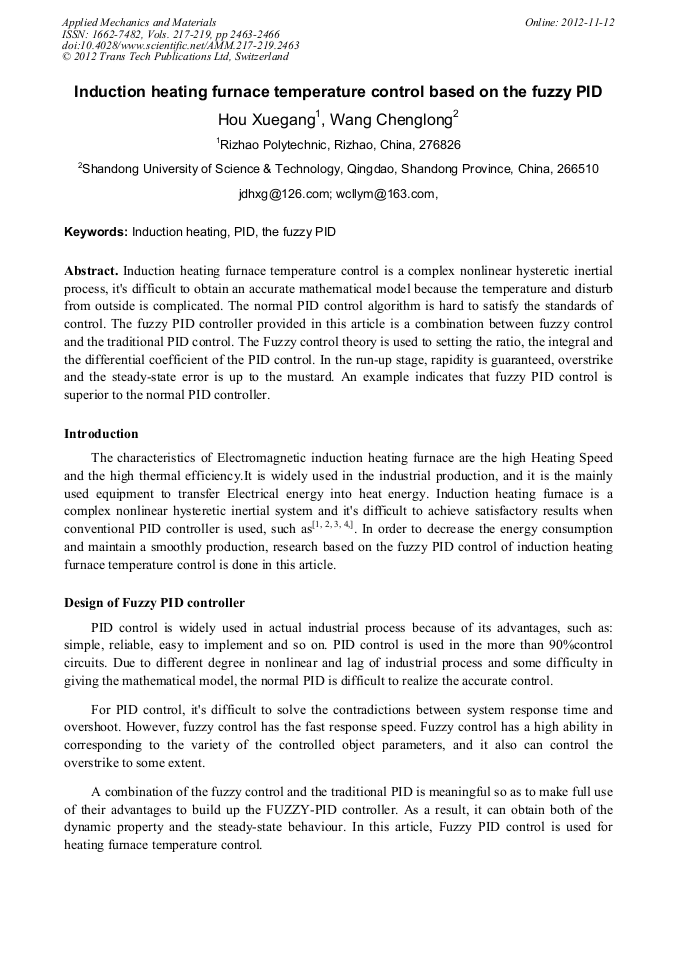 Induction Heating Furnace Temperature Control Based on the Fuzzy PID | Scientific.Net