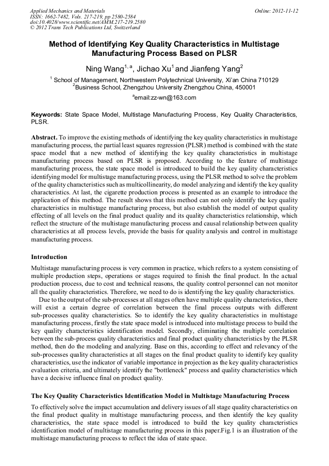 Method of Identifying Key Quality Characteristics in Multistage ...