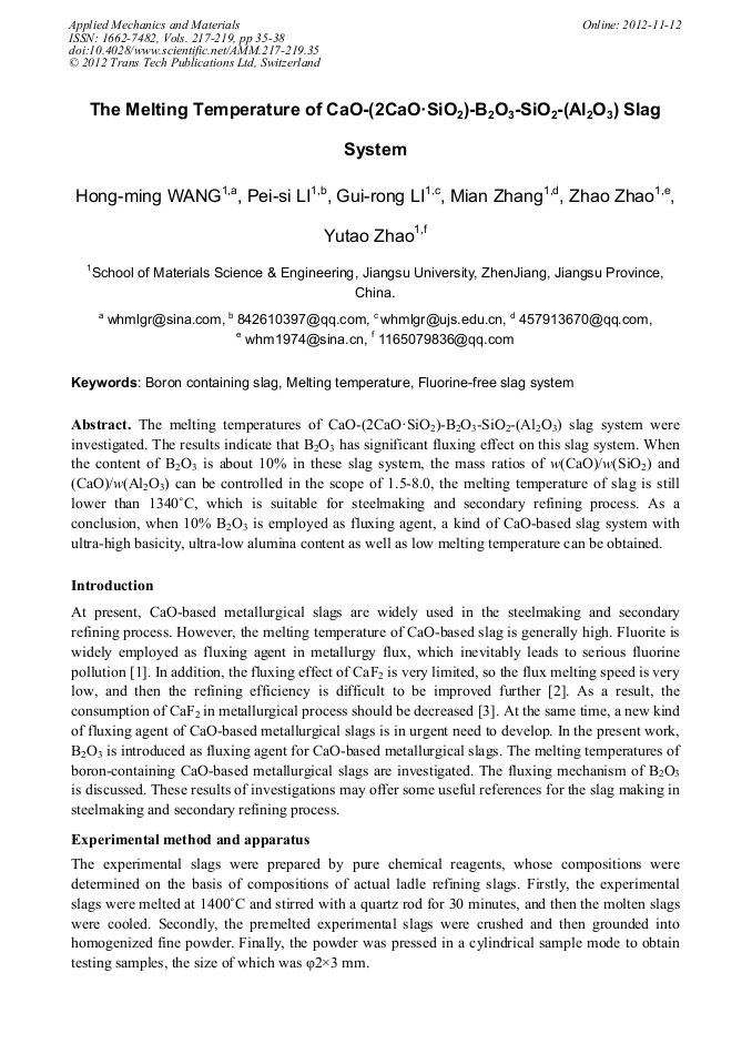 The Melting Temperature of CaO-(2CaO•SiO2)-B2O3-SiO2-(Al2O3) Slag ...