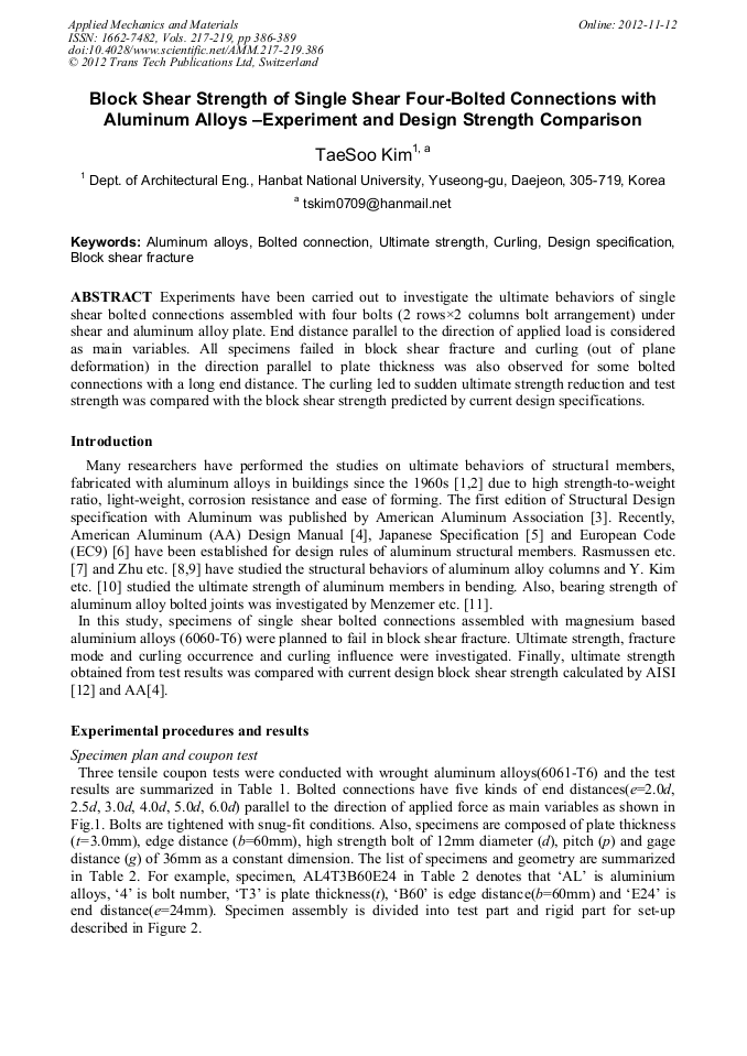 Block Shear Strength of Single Shear Four-Bolted Connections with ...