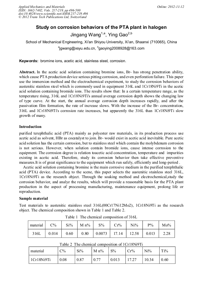 Study on Corrosion Behaviors of the PTA Plant in Halogen | Scientific.Net