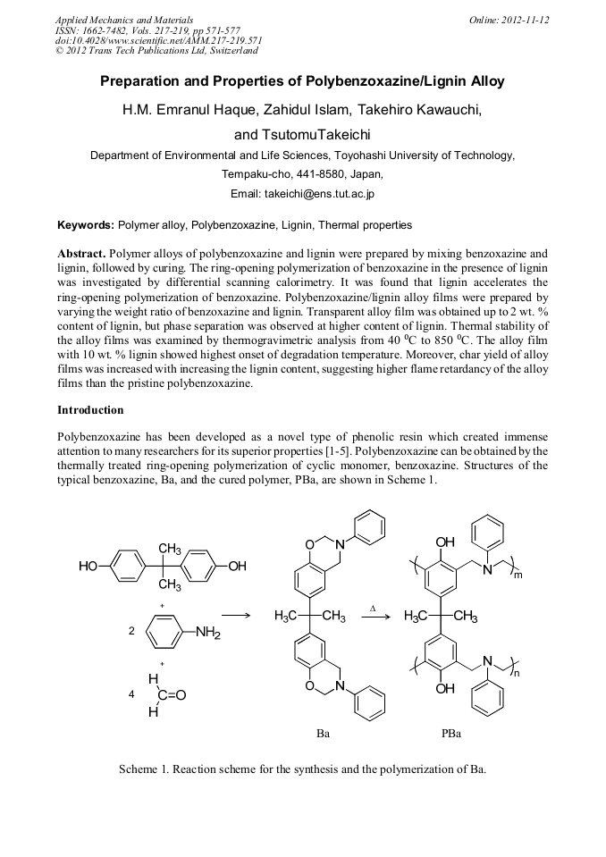 Preparation And Properties Of Polybenzoxazine Lignin Alloy Scientific Net