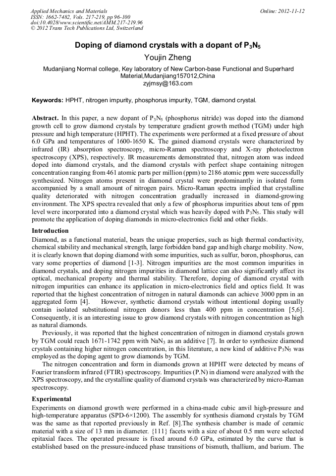 Doping of Diamond Crystals with a Dopant of P3N5 | Scientific.Net