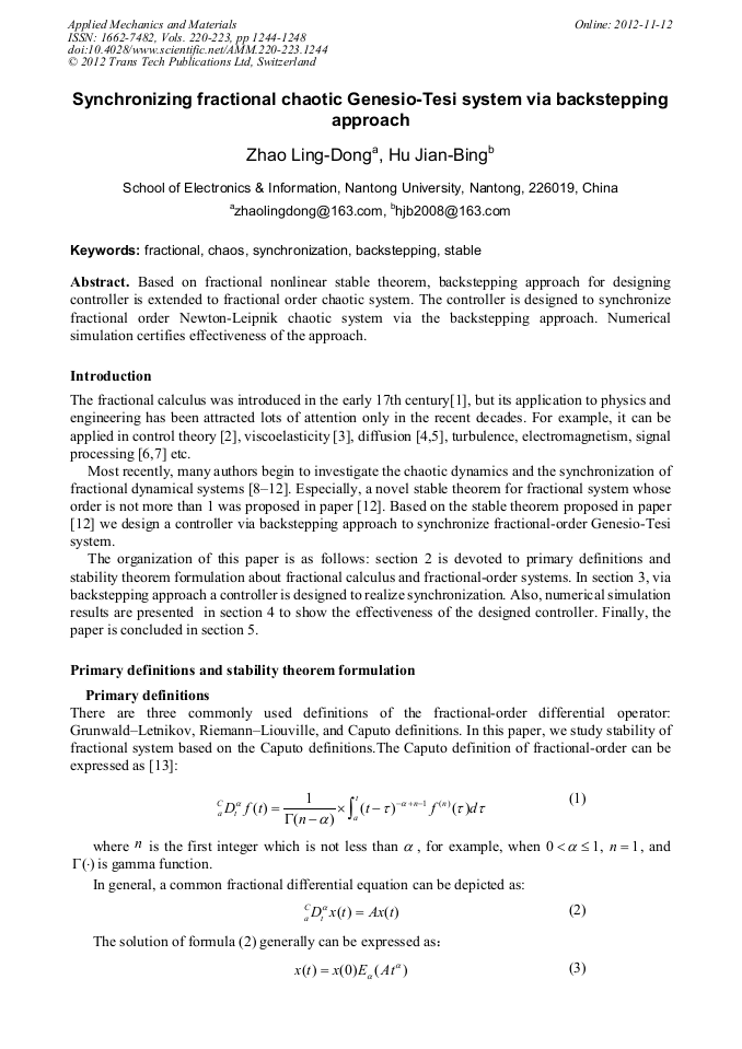 Synchronizing Fractional Chaotic Genesio-Tesi System via Backstepping ...