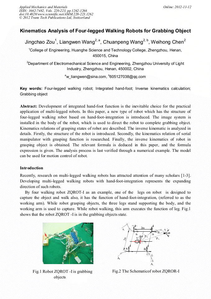 Kinematics Analysis of Four-Legged Walking Robots for Grabbing Object ...