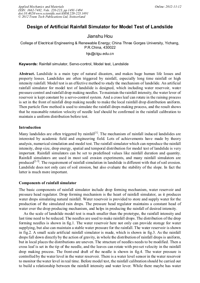 Design of Artificial Rainfall Simulator for Model Test of Landslide ...
