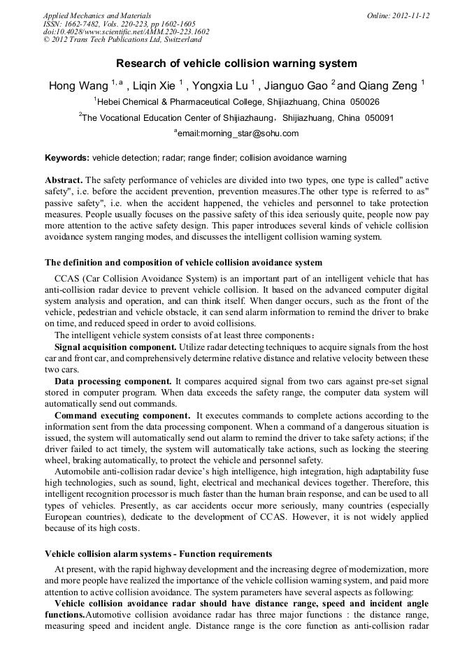 Research of Vehicle Collision Warning System | Scientific.Net