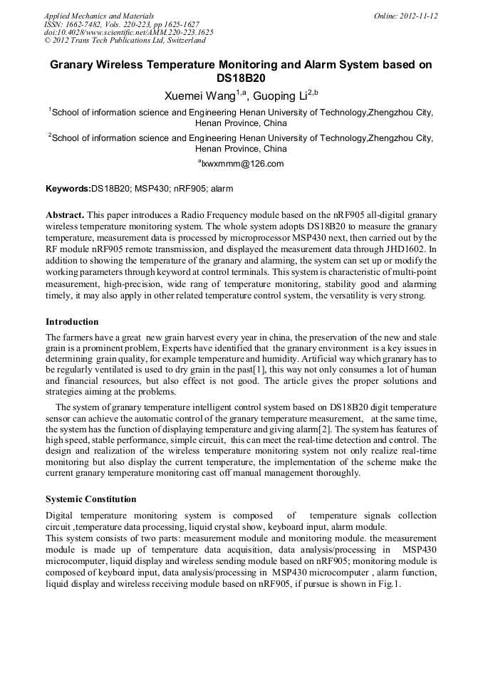 Granary Wireless Temperature Monitoring and Alarm System Based on ...