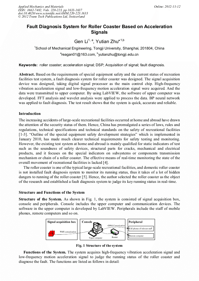 Fault Diagnosis System for Roller Coaster Based on Acceleration Signals ...