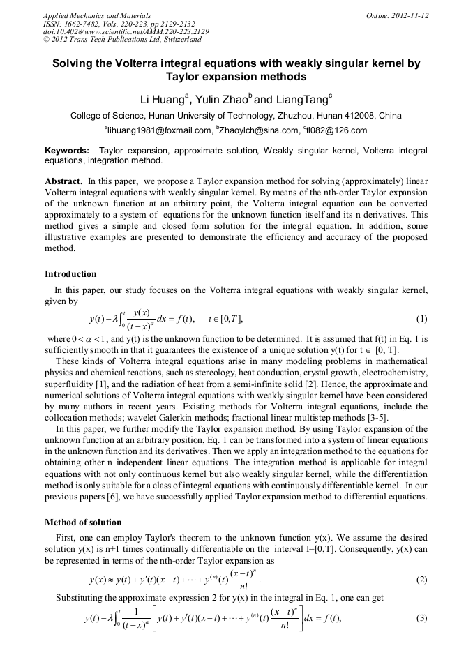 Solving the Volterra Integral Equations with Weakly Singular Kernel by Taylor Expansion Methods ...