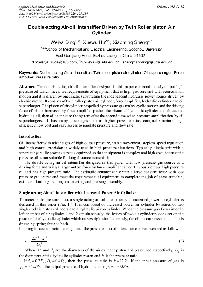 Double-Acting Air-Oil Intensifier Driven by Twin Roller Piston Air ...