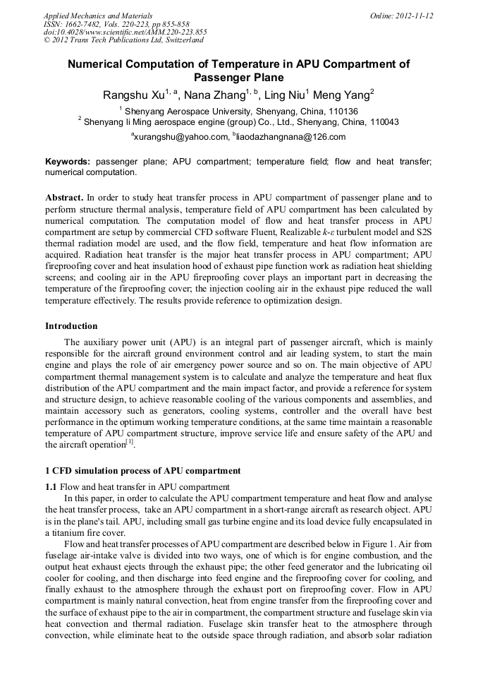 Numerical Computation of Temperature in APU Compartment of Passenger ...