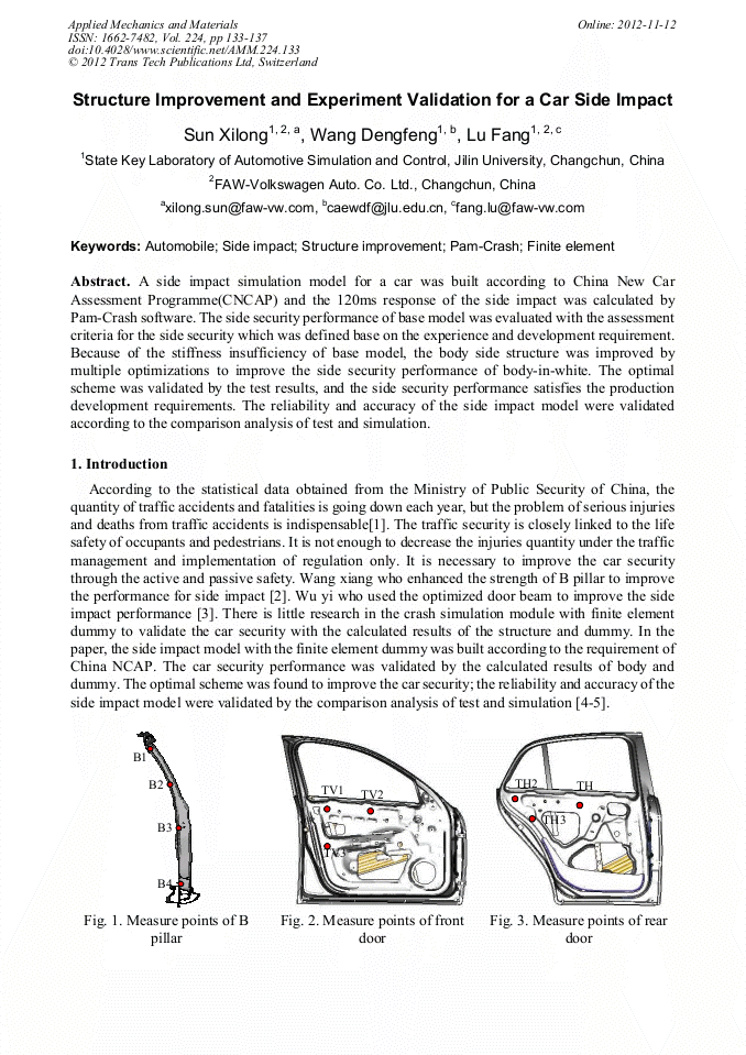 Structure Improvement and Experiment Validation for a Car Side Impact ...