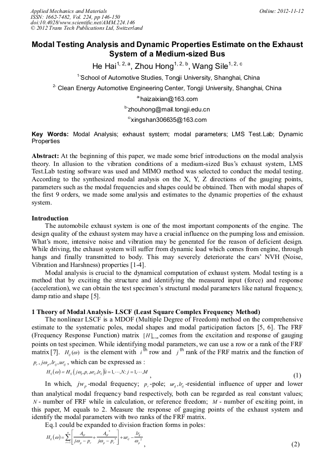 Modal Testing Analysis and Dynamic Properties Estimate on the Exhaust ...
