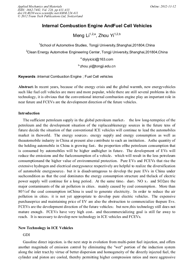 Internal Combustion Engine and Fuel Cell Vehicles | Scientific.Net