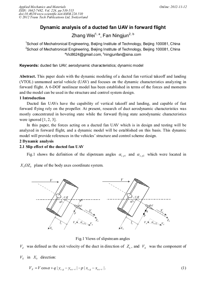 Dynamic Analysis of a Ducted Fan UAV in Forward Flight | Scientific.Net