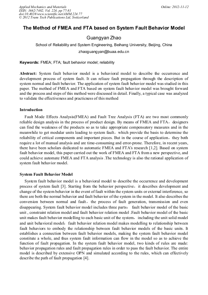 The Method of FMEA and FTA Based on System Fault Behavior Model ...