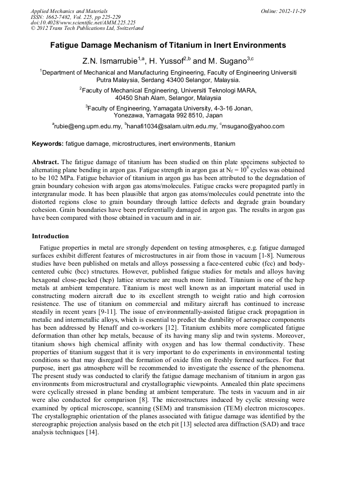 Fatigue Damage Mechanism of Titanium in Inert Environments | Scientific.Net