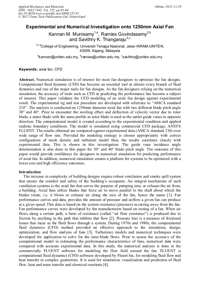 Experimental and Numerical Investigation onto 1250mm Axial Fan ...