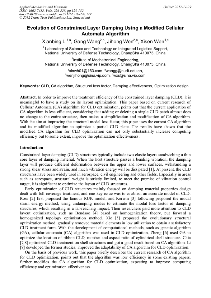Evolution of Constrained Layer Damping Using a Modified Cellular Automata Algorithm | Scientific.Net