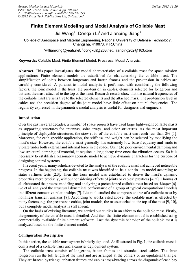 Finite Element Modeling and Modal Analysis of Coilable Mast ...