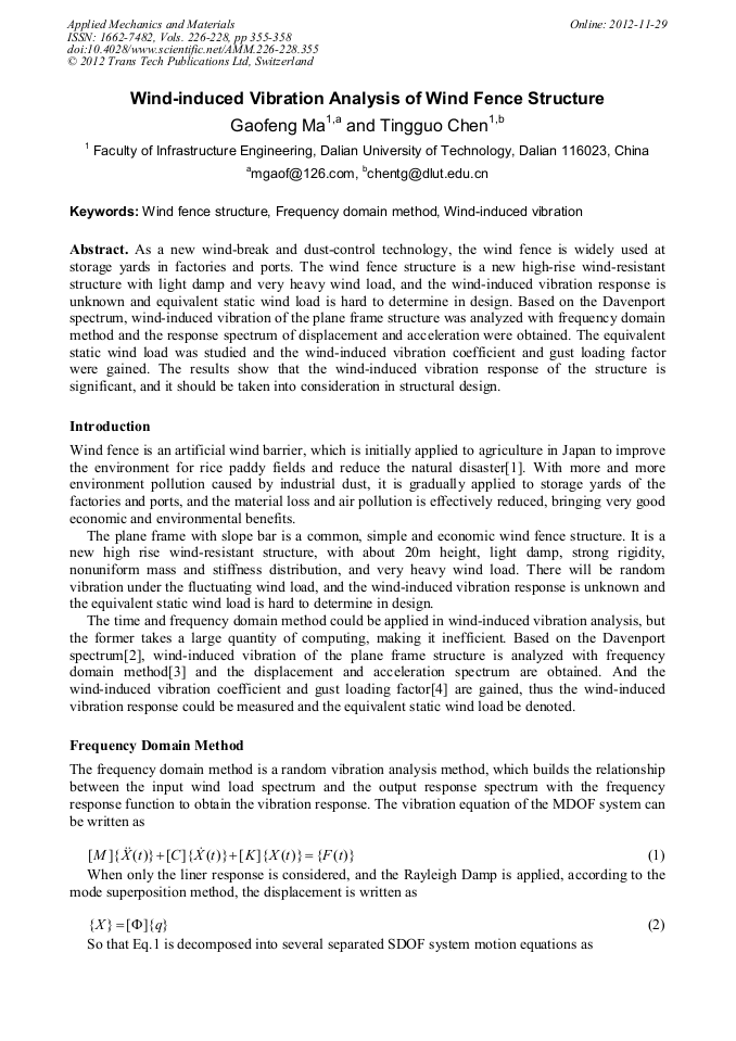 Wind-Induced Vibration Analysis of Wind Fence Structure | Scientific.Net