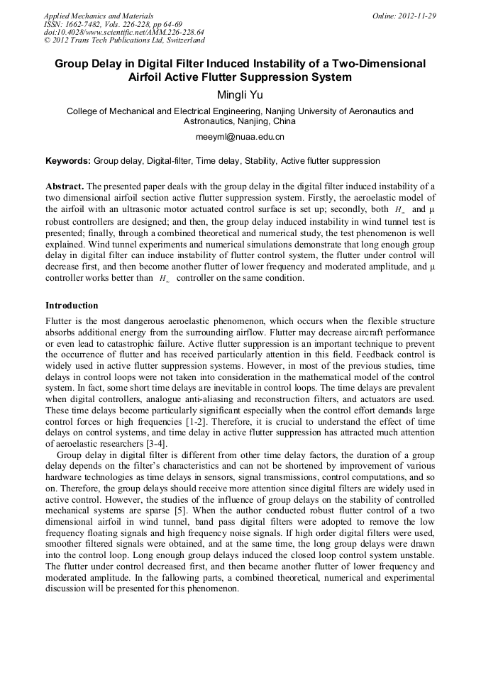 Group Delay in Digital Filter Induced Instability of a Two-Dimensional Airfoil Active Flutter ...