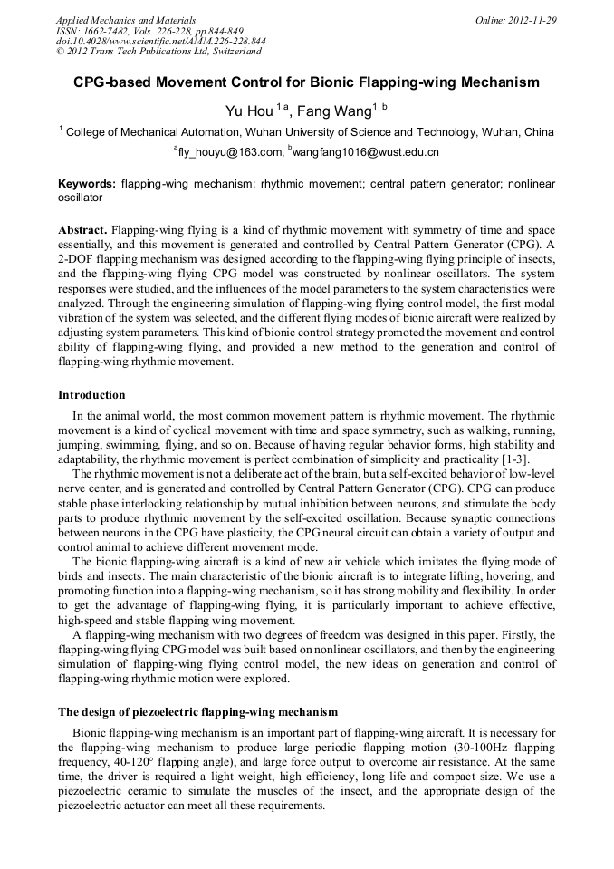 CPG-Based Movement Control for Bionic Flapping-Wing Mechanism | Scientific.Net