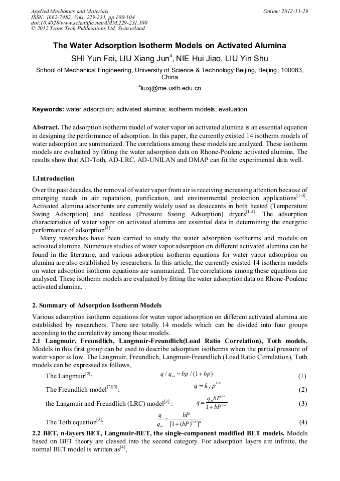 The Water Adsorption Isotherm Models on Activated Alumina | Scientific.Net