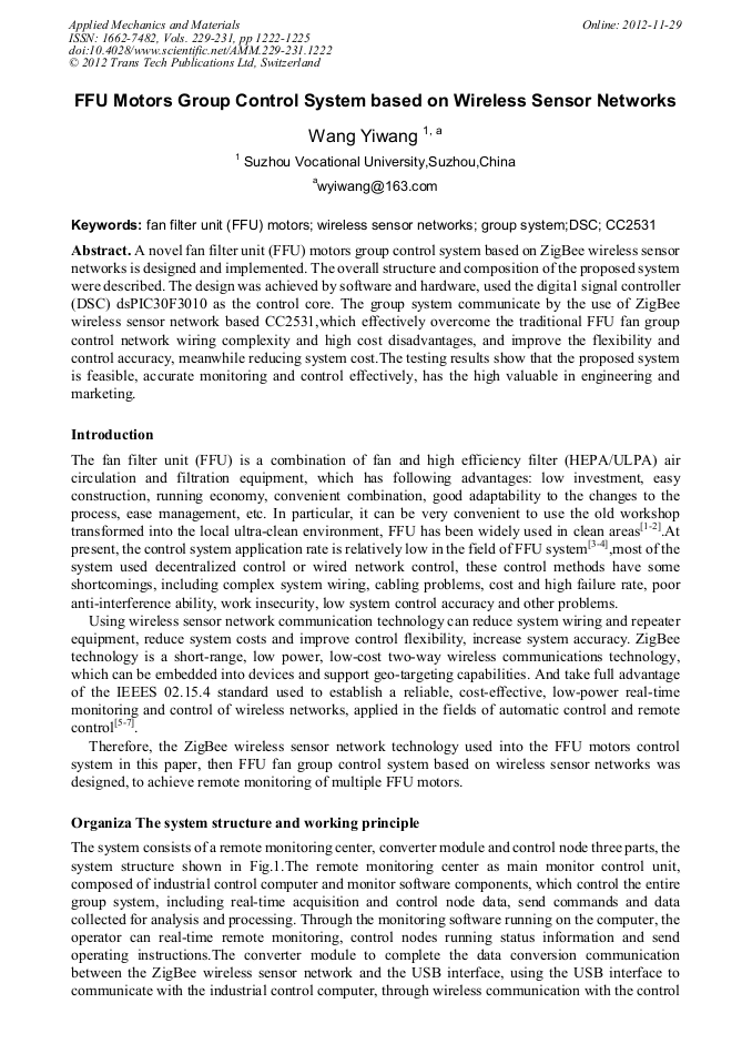 FFU Motors Group Control System Based on Wireless Sensor | Scientific.Net