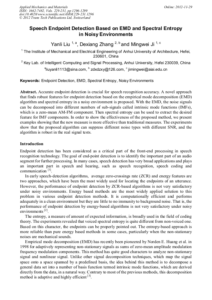 Speech Endpoint Detection Based on EMD and Spectral Entropy in Noisy Environments | Scientific.Net