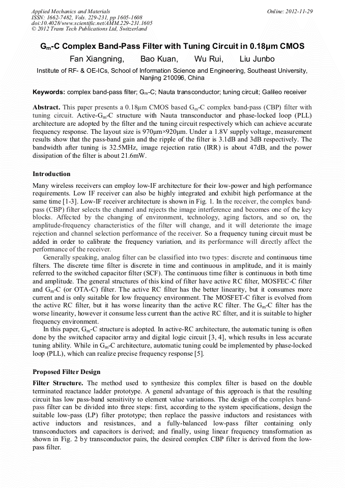 Gm-C Complex Band-Pass Filter with Tuning Circuit in 0.18μm CMOS ...