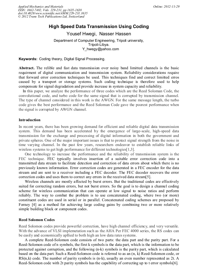 High Speed Data Transmission Using Coding | Scientific.Net