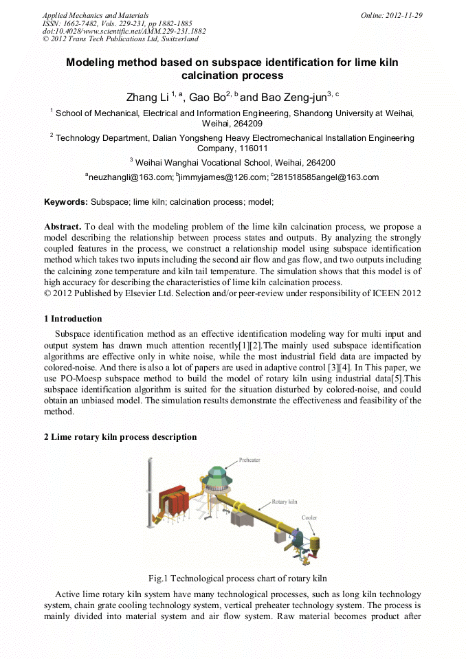 Modeling Method Based on Subspace Identification for Lime Kiln ...