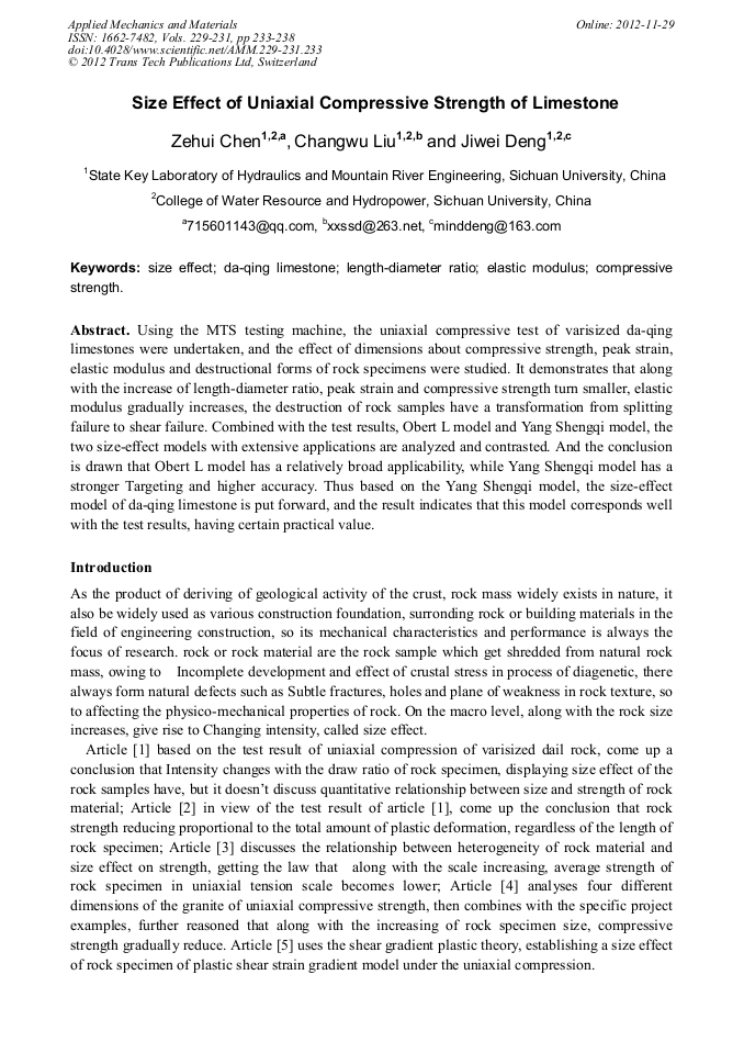 Size Effect of Uniaxial Compressive Strength of Limestone | Scientific.Net