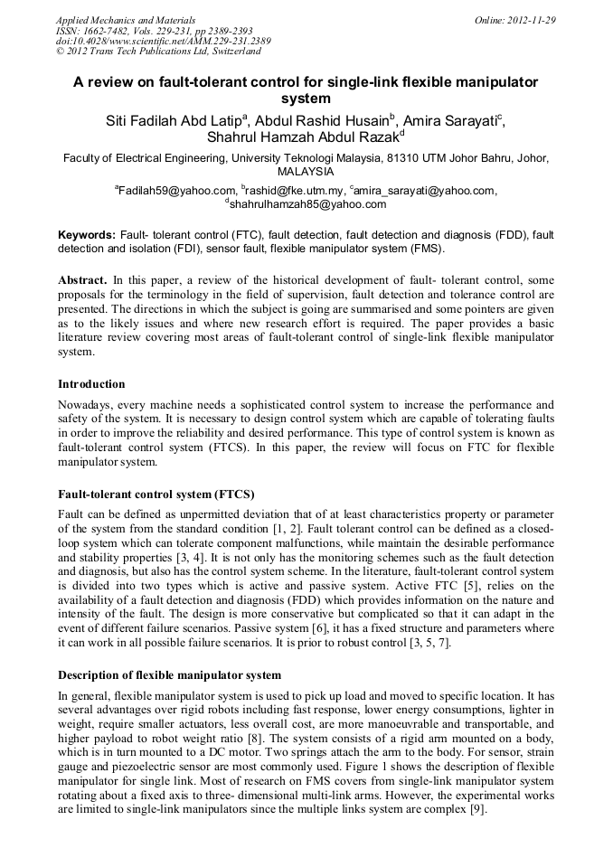 A Review on Fault-Tolerant Control for Single-Link Flexible Manipulator System | Scientific.Net