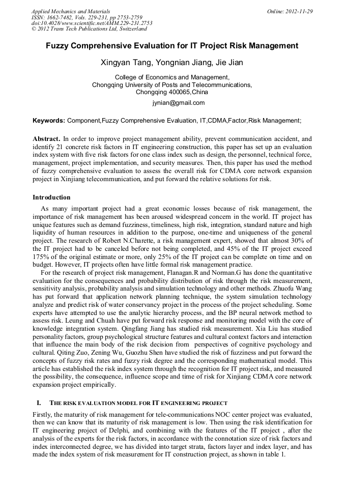 Fuzzy Comprehensive Evaluation for IT Project Risk Management ...