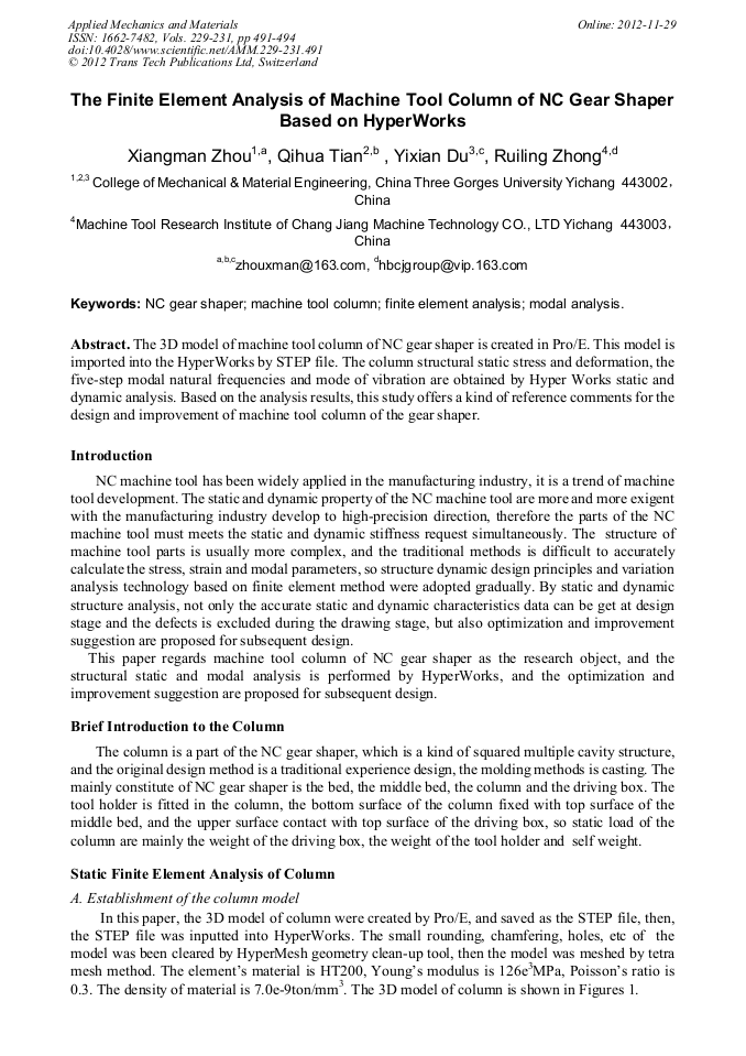 The Finite Element Analysis of Machine Tool Column of NC Gear Shaper Based on HyperWorks ...